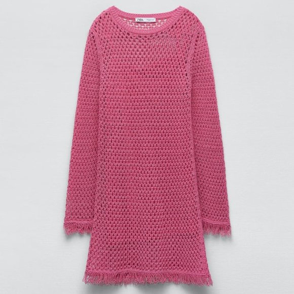 Zara | Dresses | Nwt Zara Fringed Openwork Mini Dress Fuchsia Ref ...
